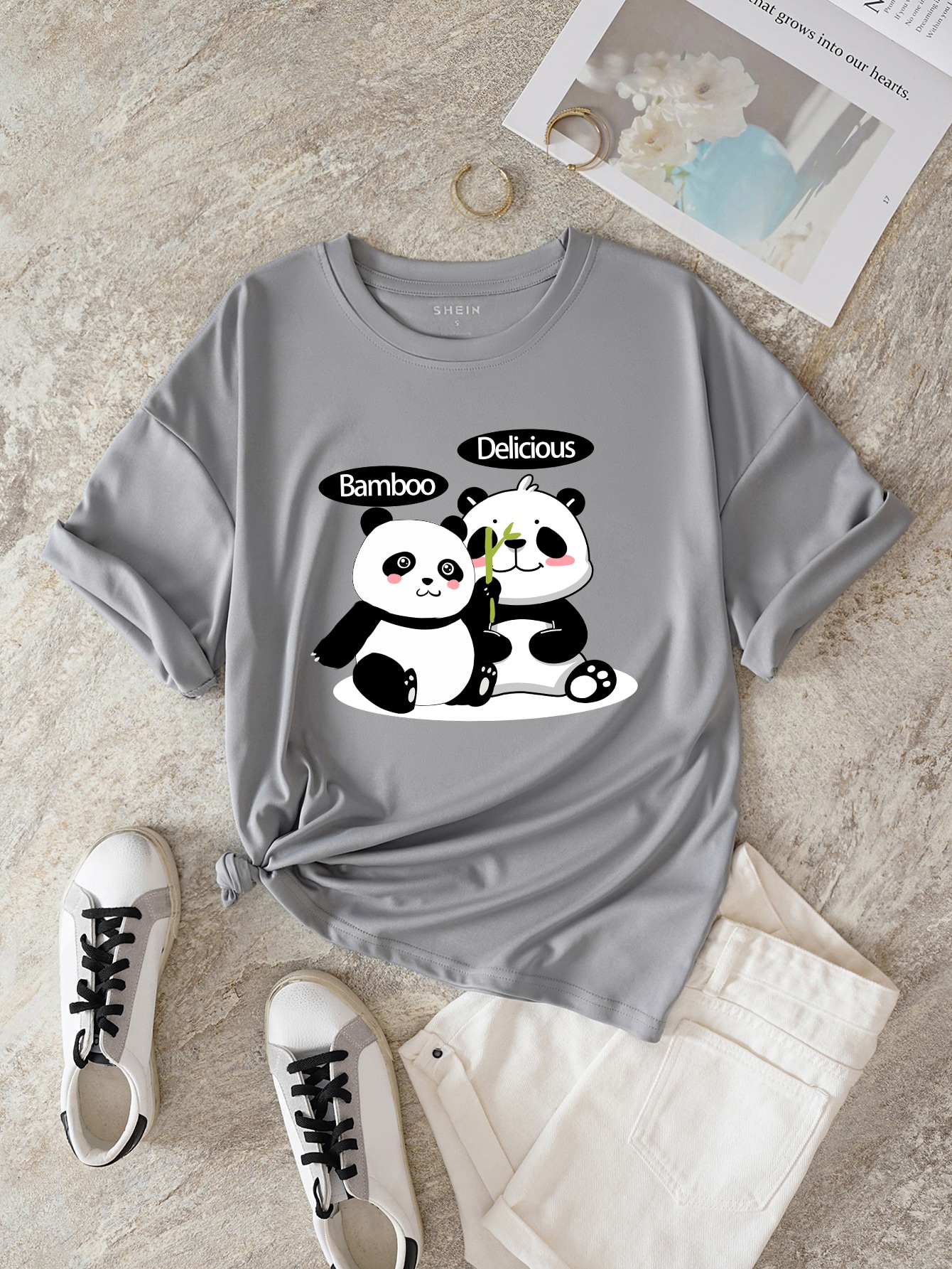 SHEIN EZwear Camiseta con estampado de panda con letra | Moda de Mujer ...