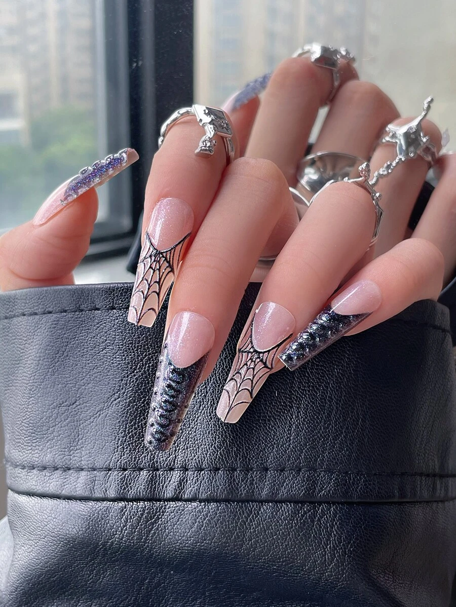 Upgrade Your Look with 24pcs Long Coffin Black Glitter Cobweb Fake Nail ...