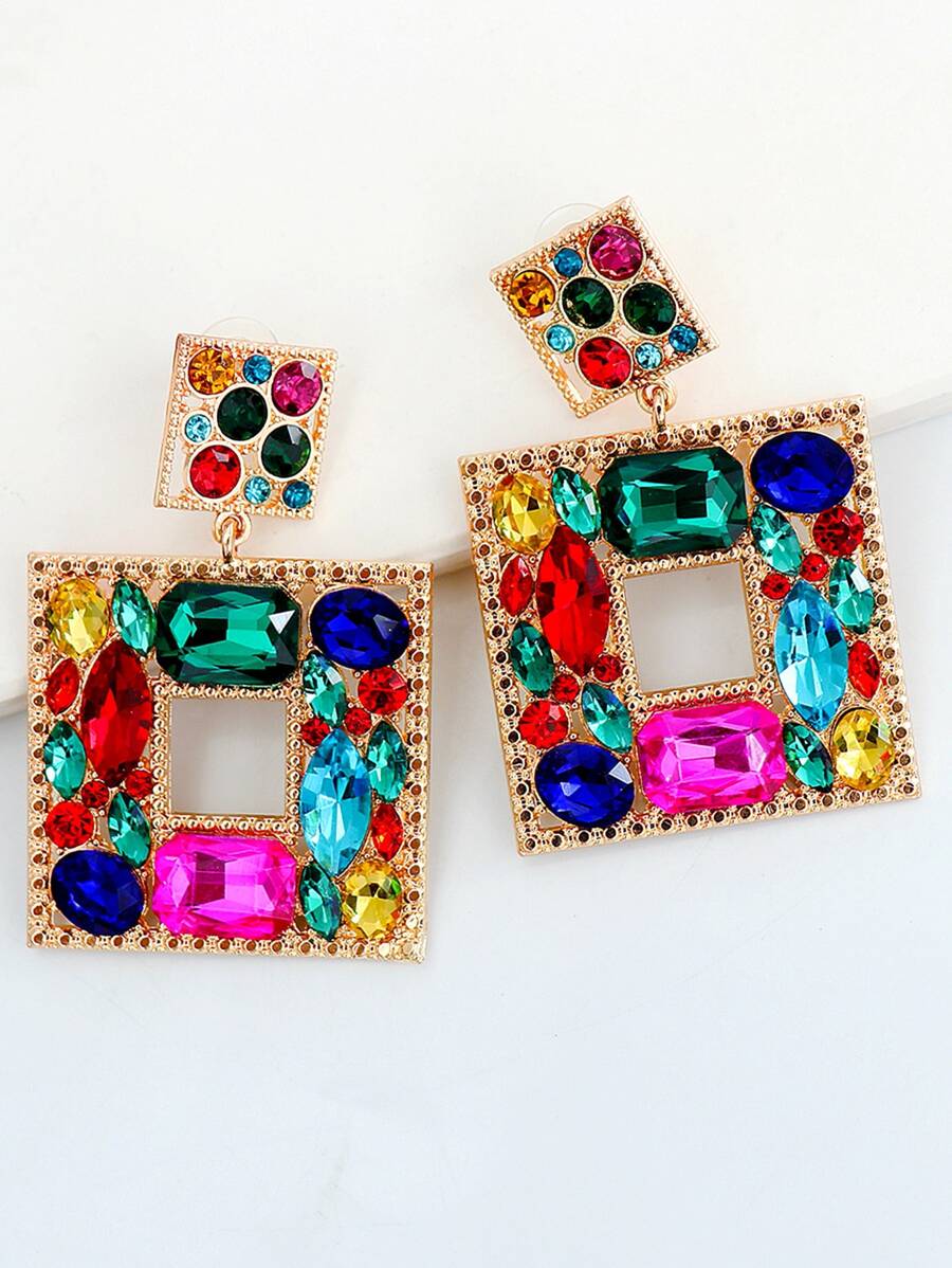Random Color Rhinestone Decor Square Drop Earrings | SHEIN USA
