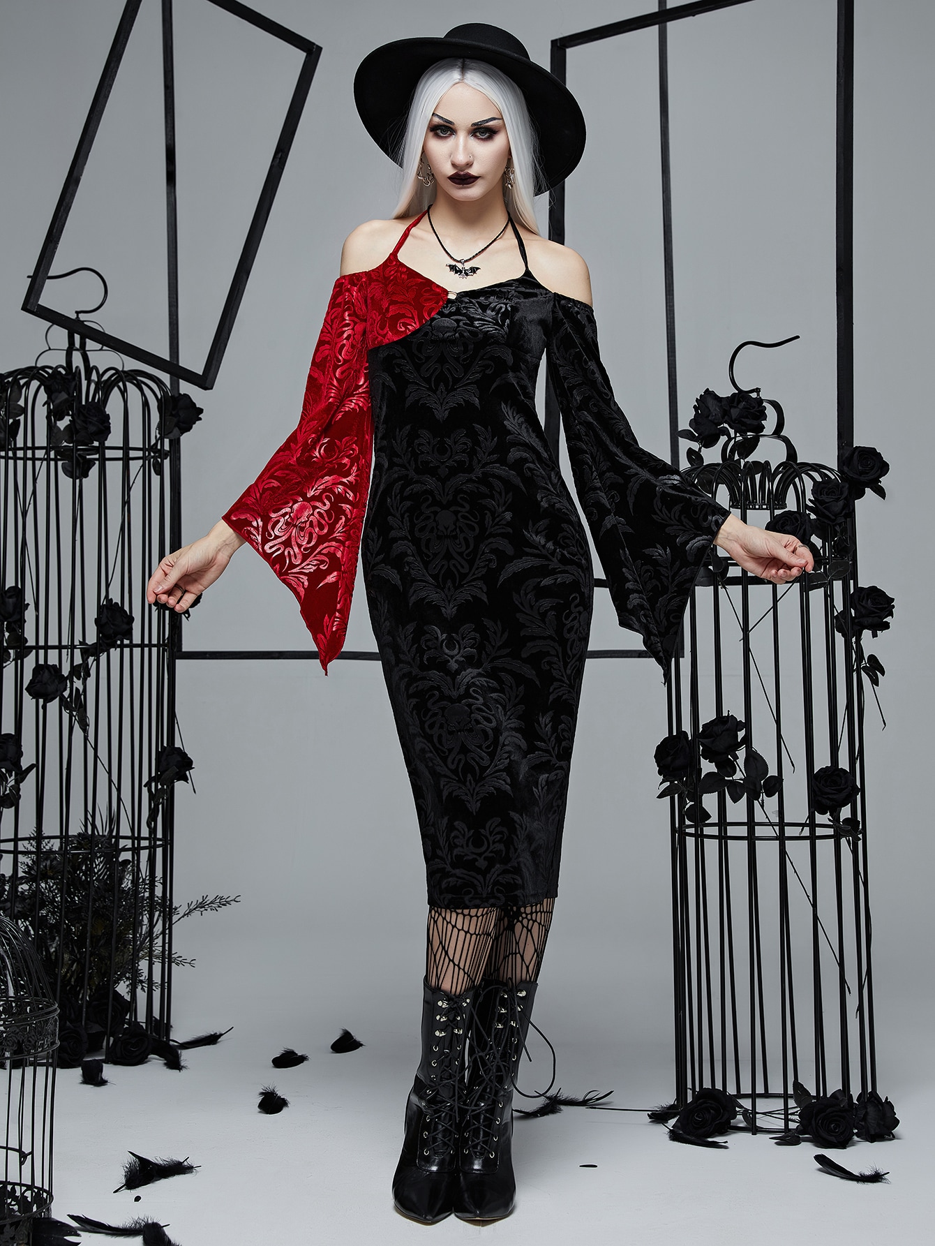 Gothic Two Tone Floral Jacquard Halter Neck Slit Back Velvet Dress ...