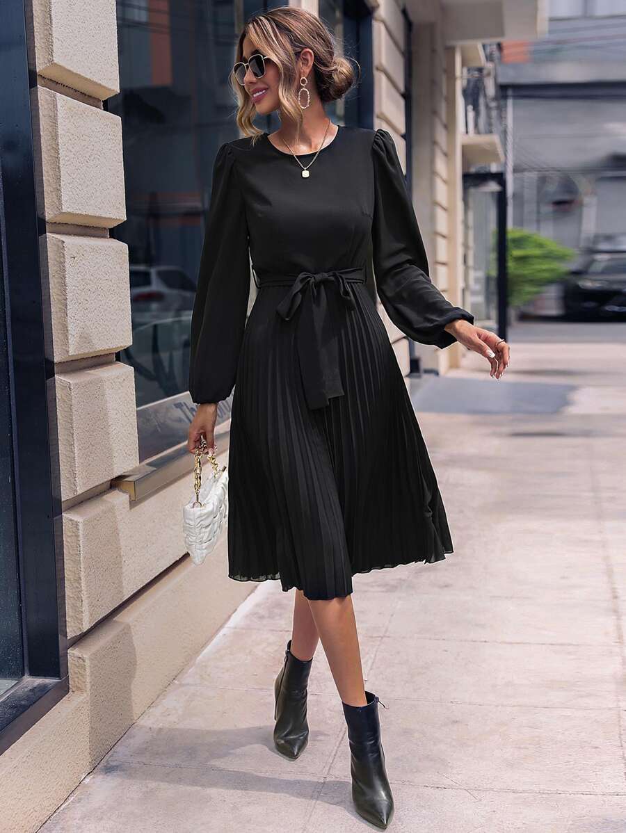 SHEIN Privé Lantern Sleeve Pleated Hem Belted Dress | SHEIN USA