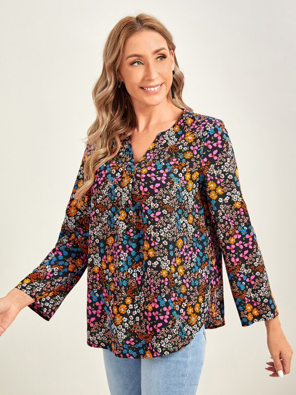 Emery Rose Notched Neck Allover Floral Print Blouse Shein Eur