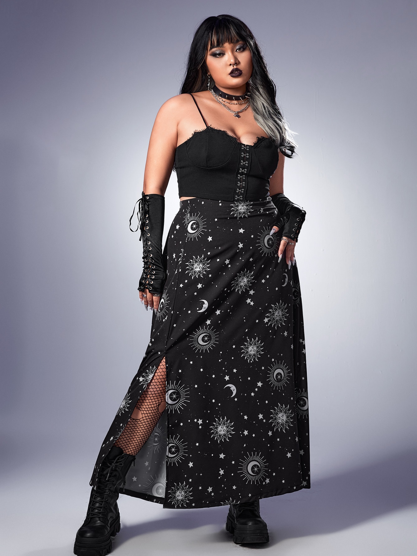 Goth Falda bajo con abertura con estampado de sol y luna | Moda de ...