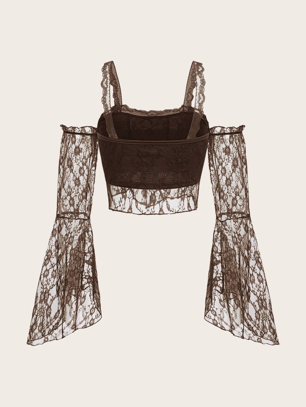 ROMWE Fairycore Contrast Lace Cold Shoulder Top | SHEIN USA