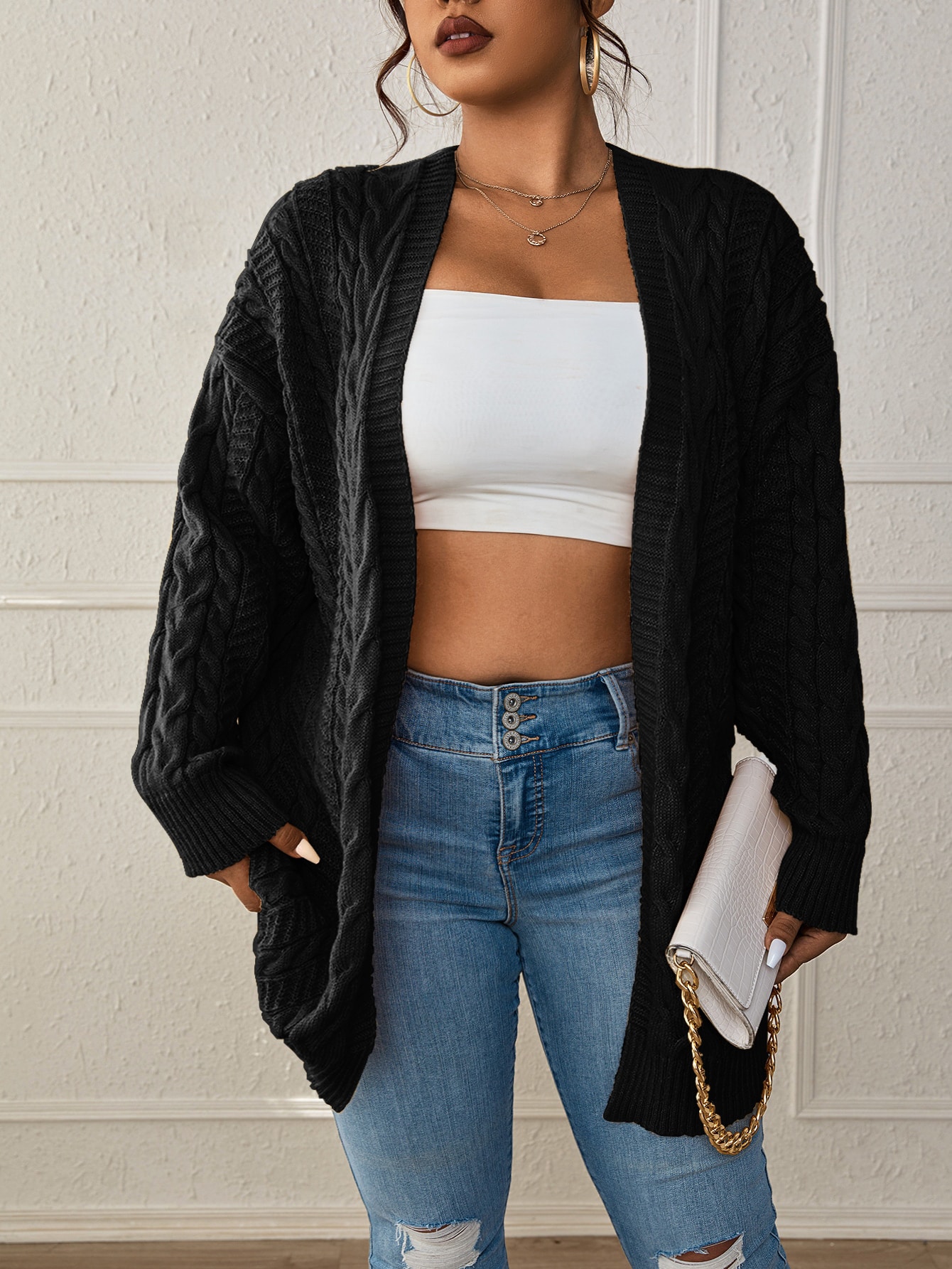Plus Cable Knit Drop Shoulder Duster Cardigan