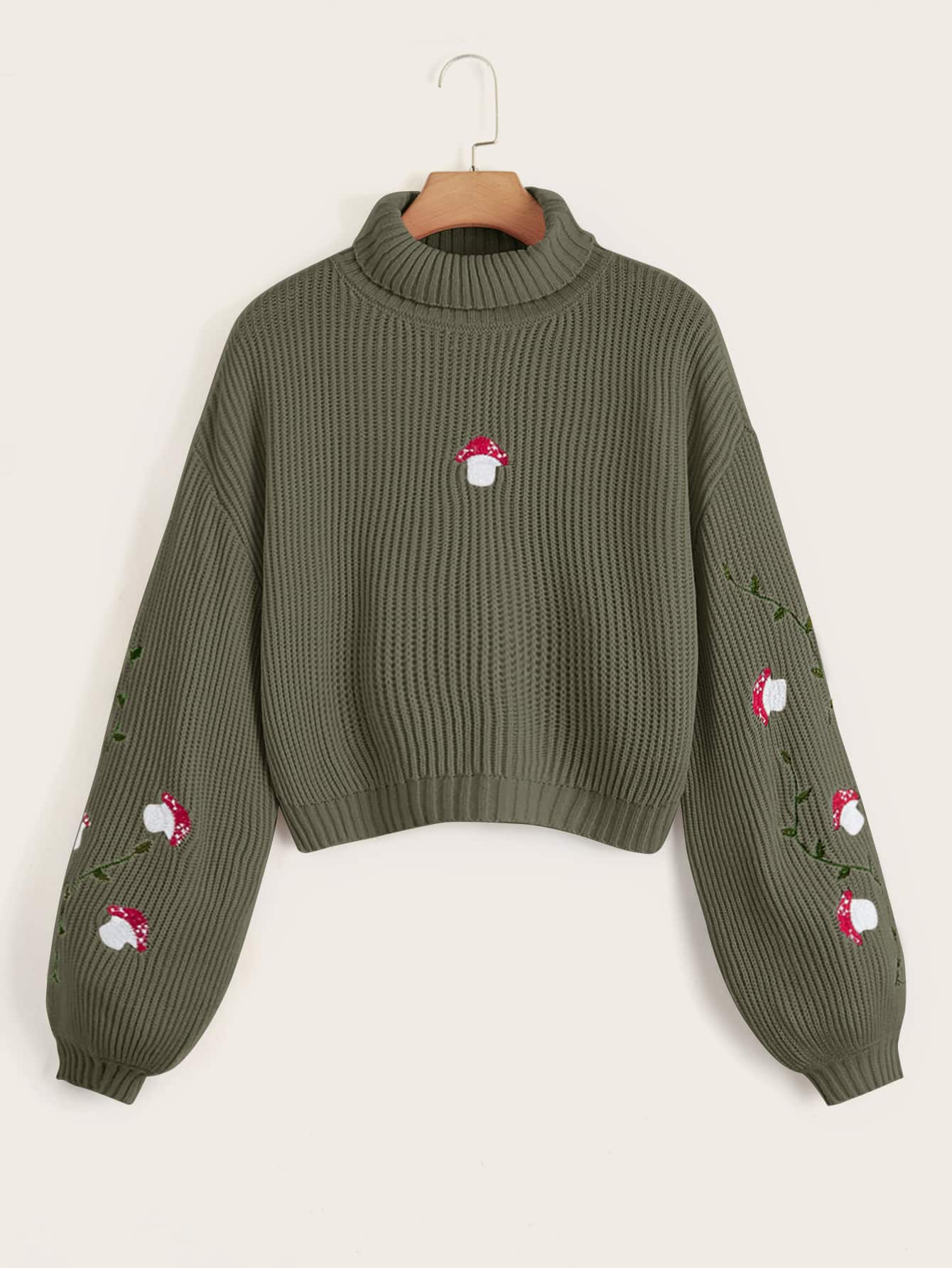 ROMWE Mushroom Embroidery High Neck Sweater