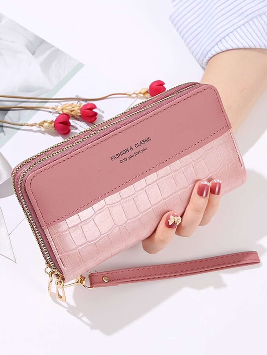 2022 New Arrival Dual Zipper Long Wallet Color Block Stone Textured ...