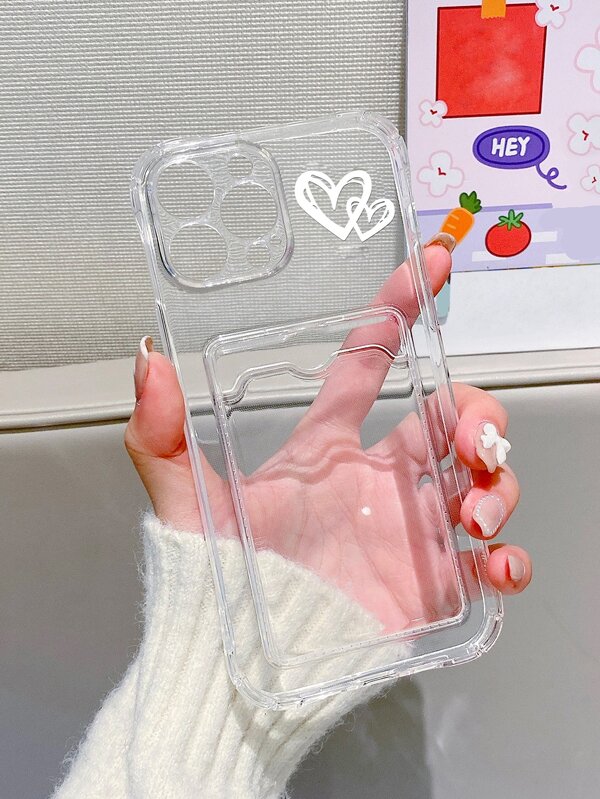 Heart Print Card Slot Clear Phone Case Compatible With iPhone 15/15Pro/15Plus/15Promax | SHEIN UK