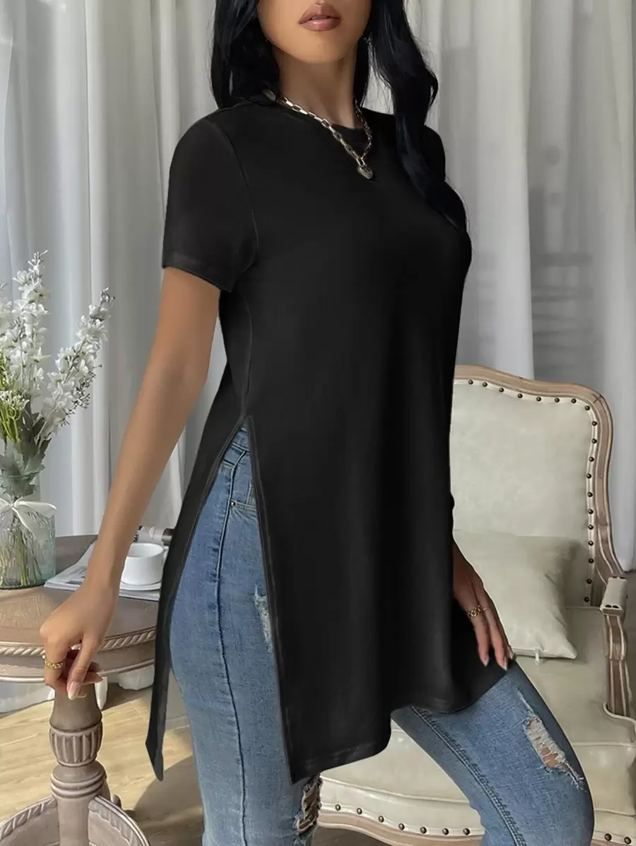 SHEIN LUNE Solid Split Hem Tee | SHEIN USA