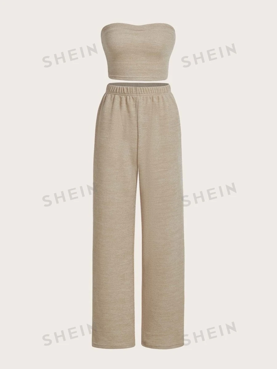 SHEIN EZwear Crop Tube Top & Wide Leg Trousers Set | SHEIN UK