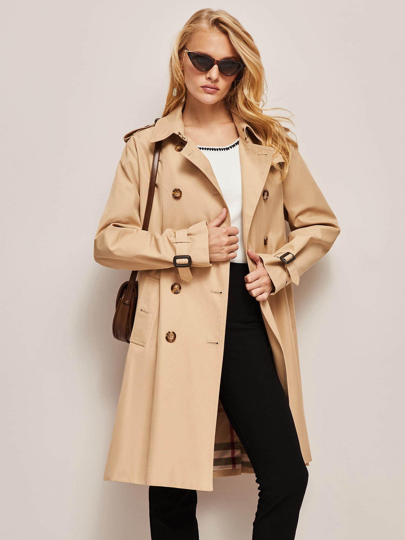 JAZZEVAR Notched Collar Double Breasted Placket Belted Trench Coat ...