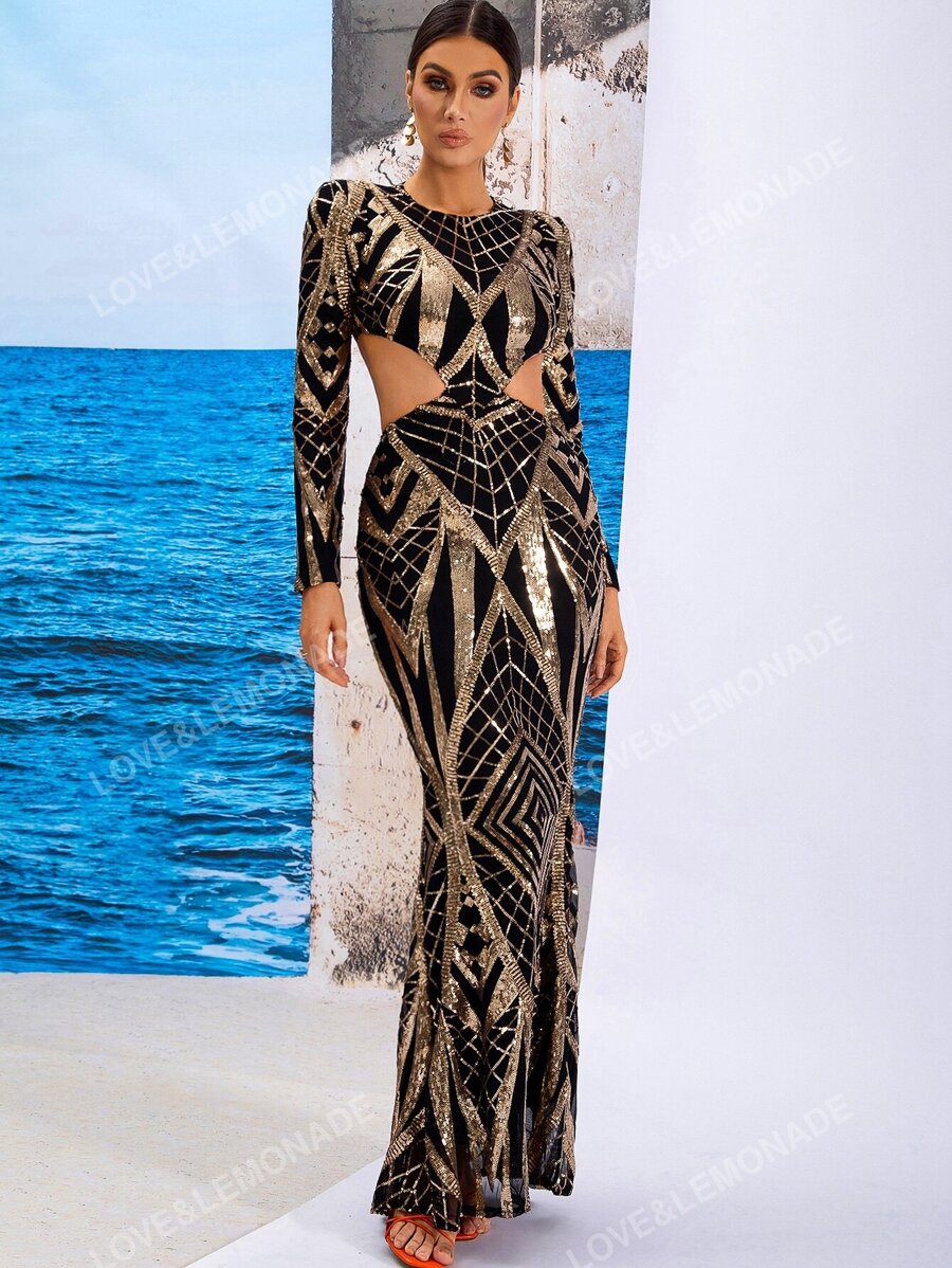 LOVE&LEMONADE Cut Out Waist Geo Pattern Sequin Dress, Elegant Long ...