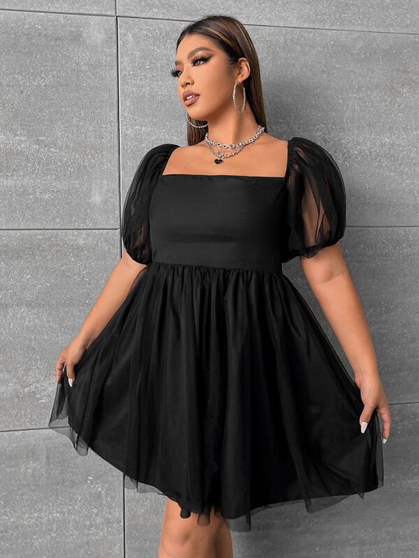 SHEIN MOD Plus Puff Sleeve Mesh Dress | SHEIN USA