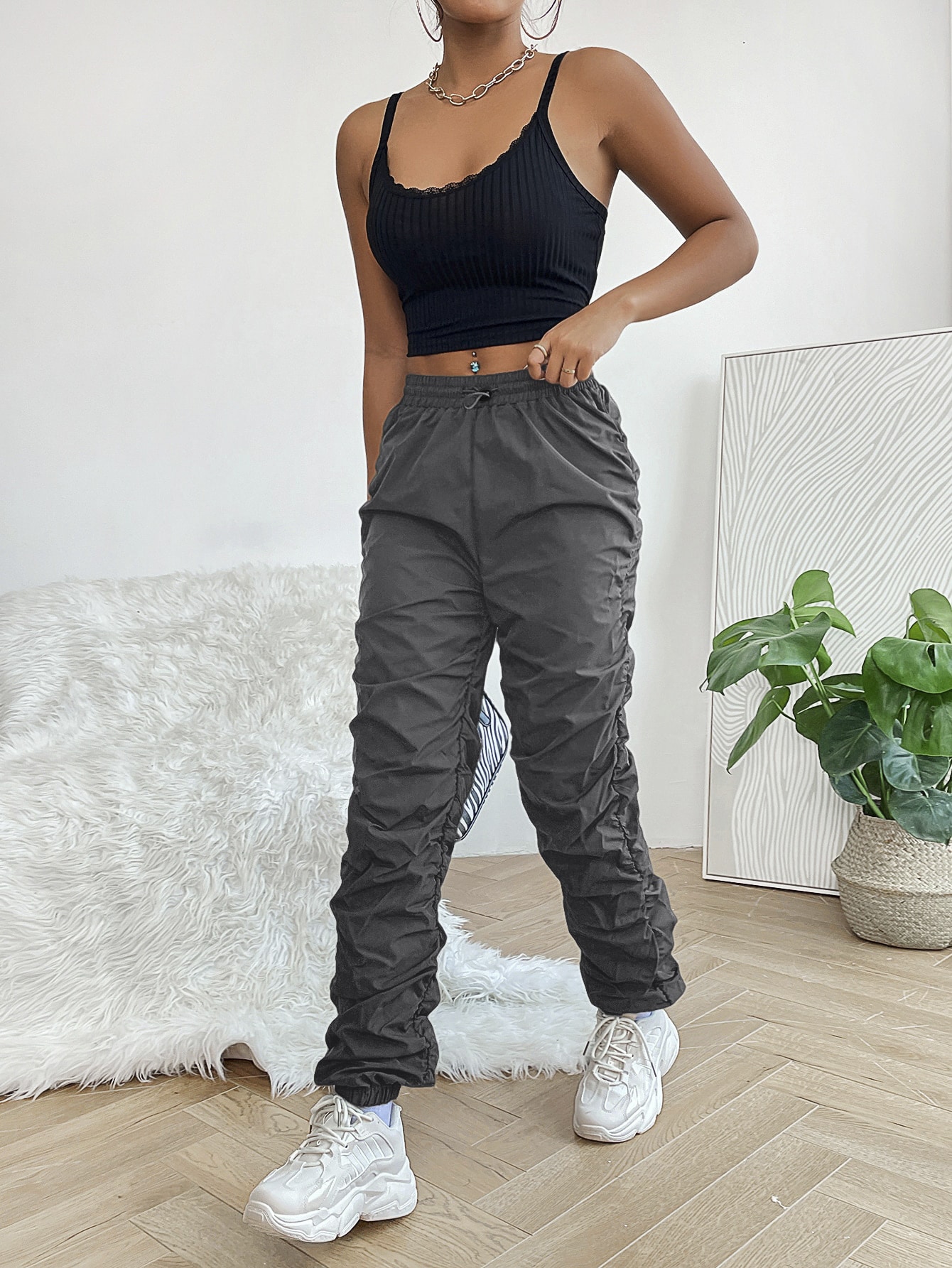 SHEIN PETITE Drawstring Waist Stacked Pants | SHEIN USA