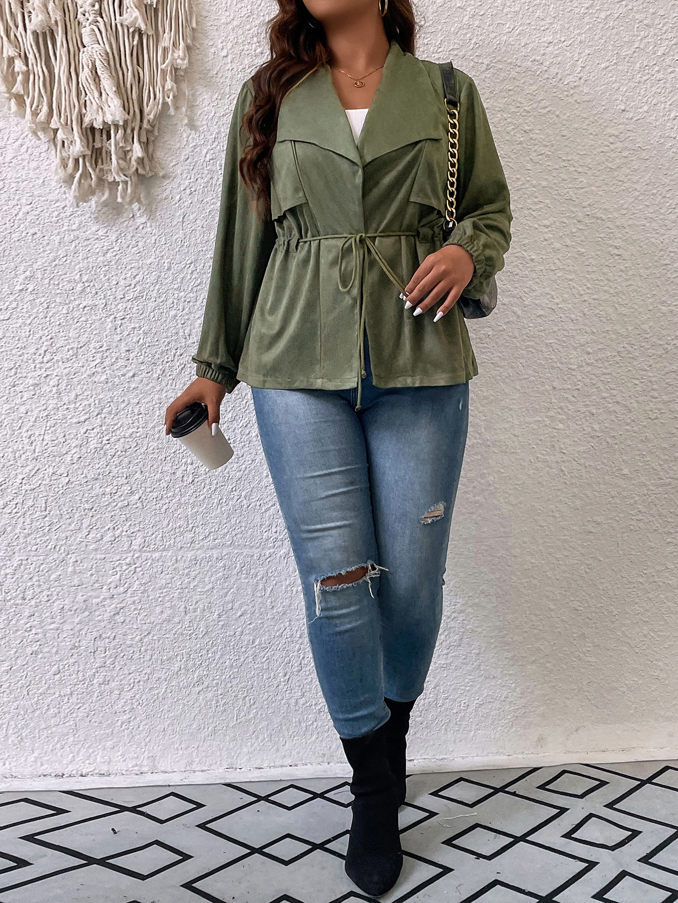 SHEIN LUNE Plus Waterfall Collar Drawstring Waist Jacket | SHEIN USA