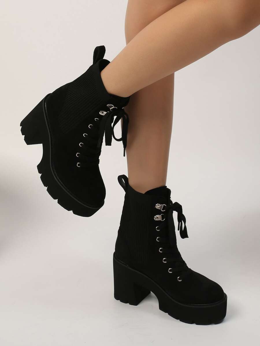 Punk Style Boots Faux Suede Lace-up Front Boots | SHEIN UK