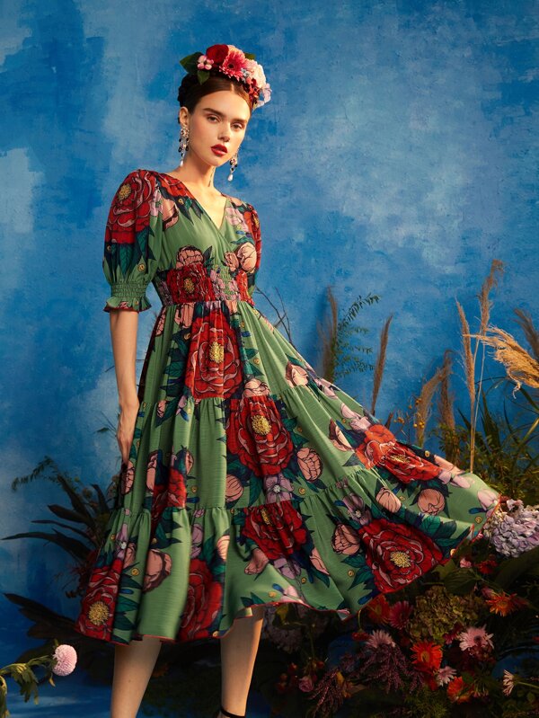 Frida Kahlo X Shein X Designer Leslie Samano Floral Print Puff Sleeve