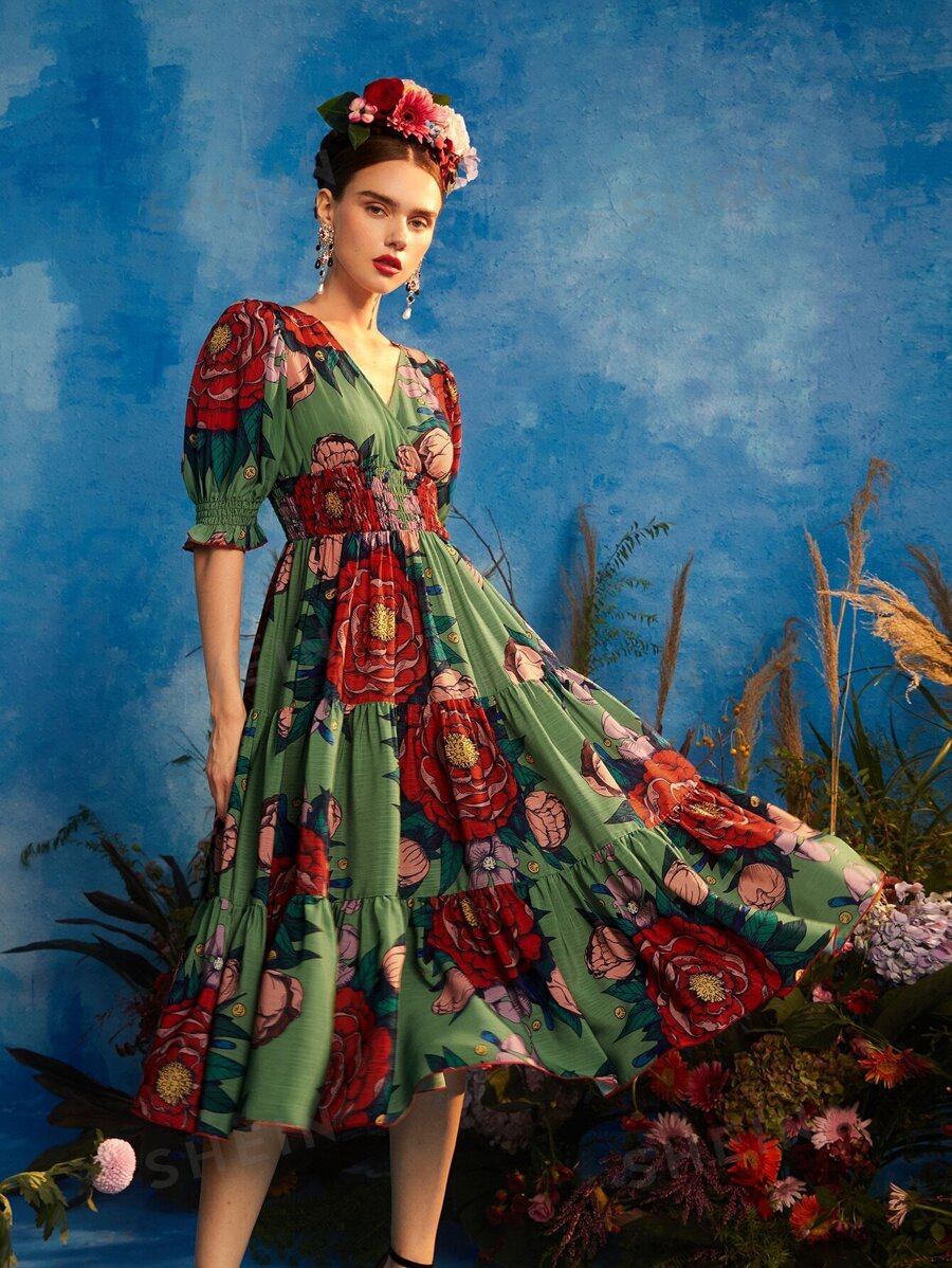 Frida Kahlo X Shein X Designer Leslie Samano Floral Print Puff Sleeve