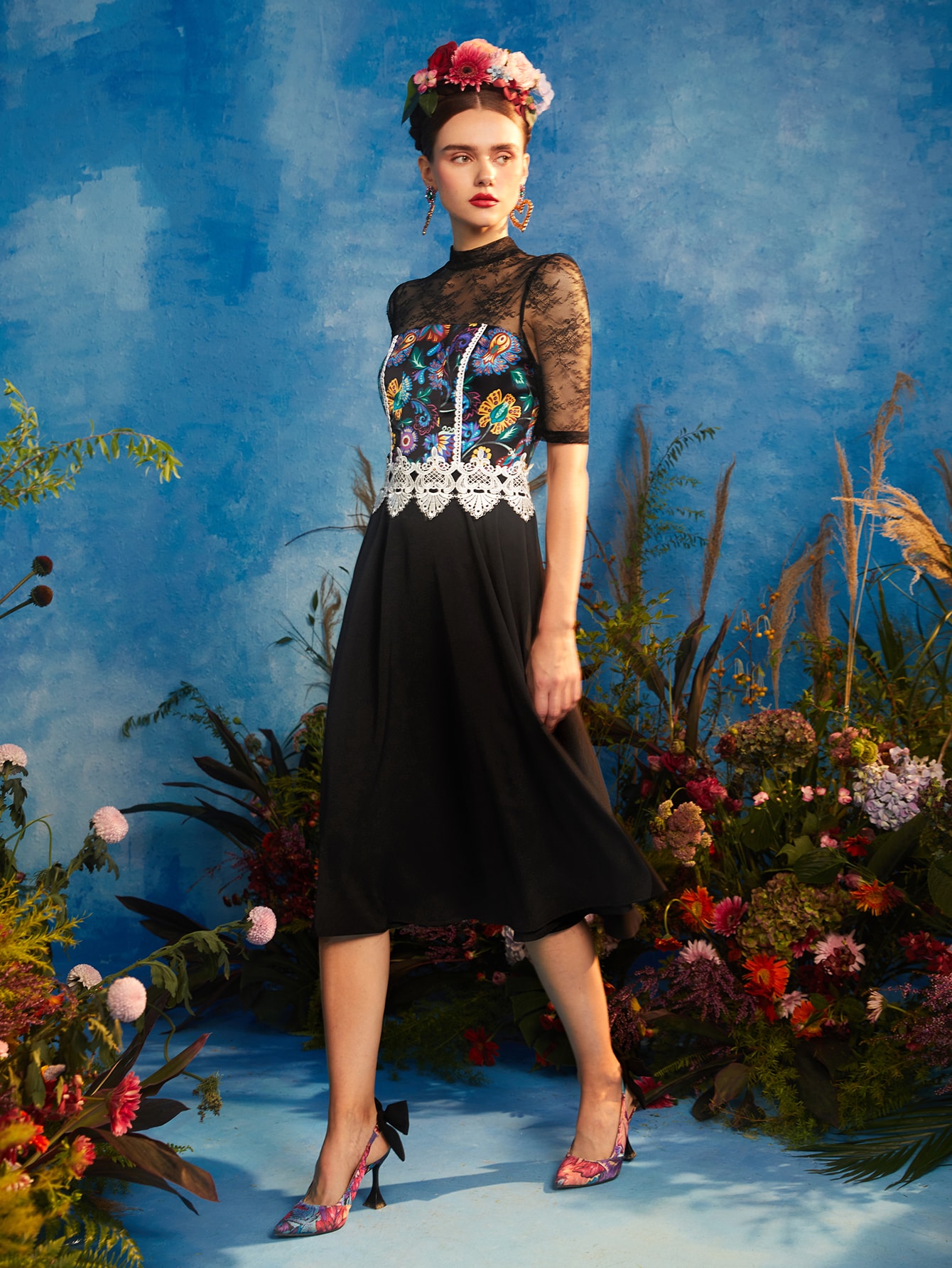 Frida Kahlo X Shein X Designer Shein X Cw2 Robe à Col Montant à Imprimé