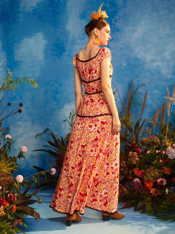 Frida Kahlo X Shein X Designer Floral Print Off Shoulder Lace Trim