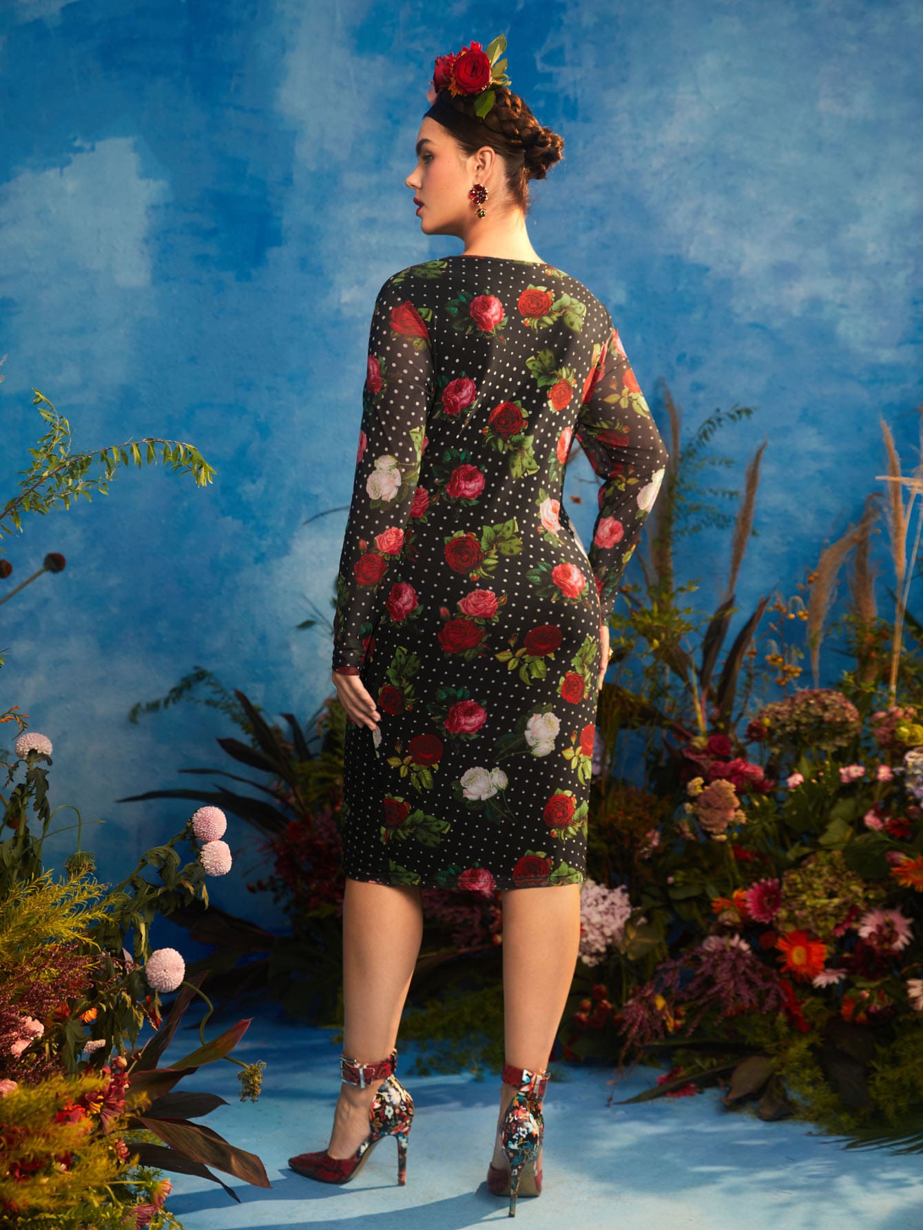 Frida Kahlo X SHEIN Plus Polka Dot & Floral Print Bodycon Dress | SHEIN UK