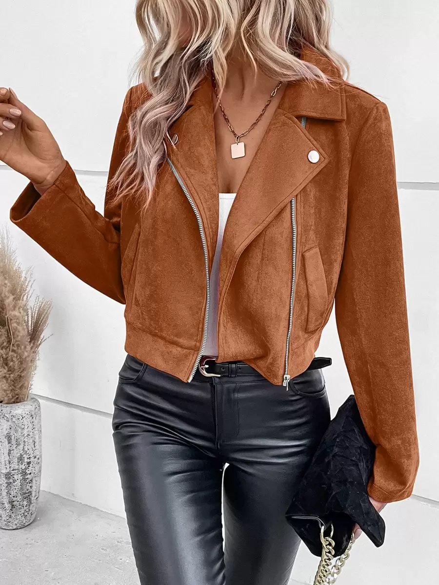 SHEIN LUNE Zip Up Faux Suede Moto Jacket | SHEIN USA