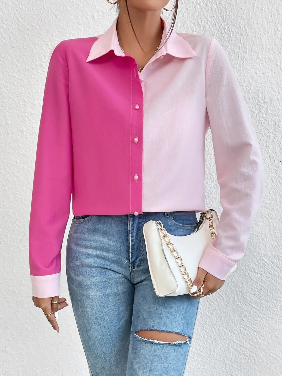 SHEIN LUNE Colorblock Button Front Shirt | SHEIN USA