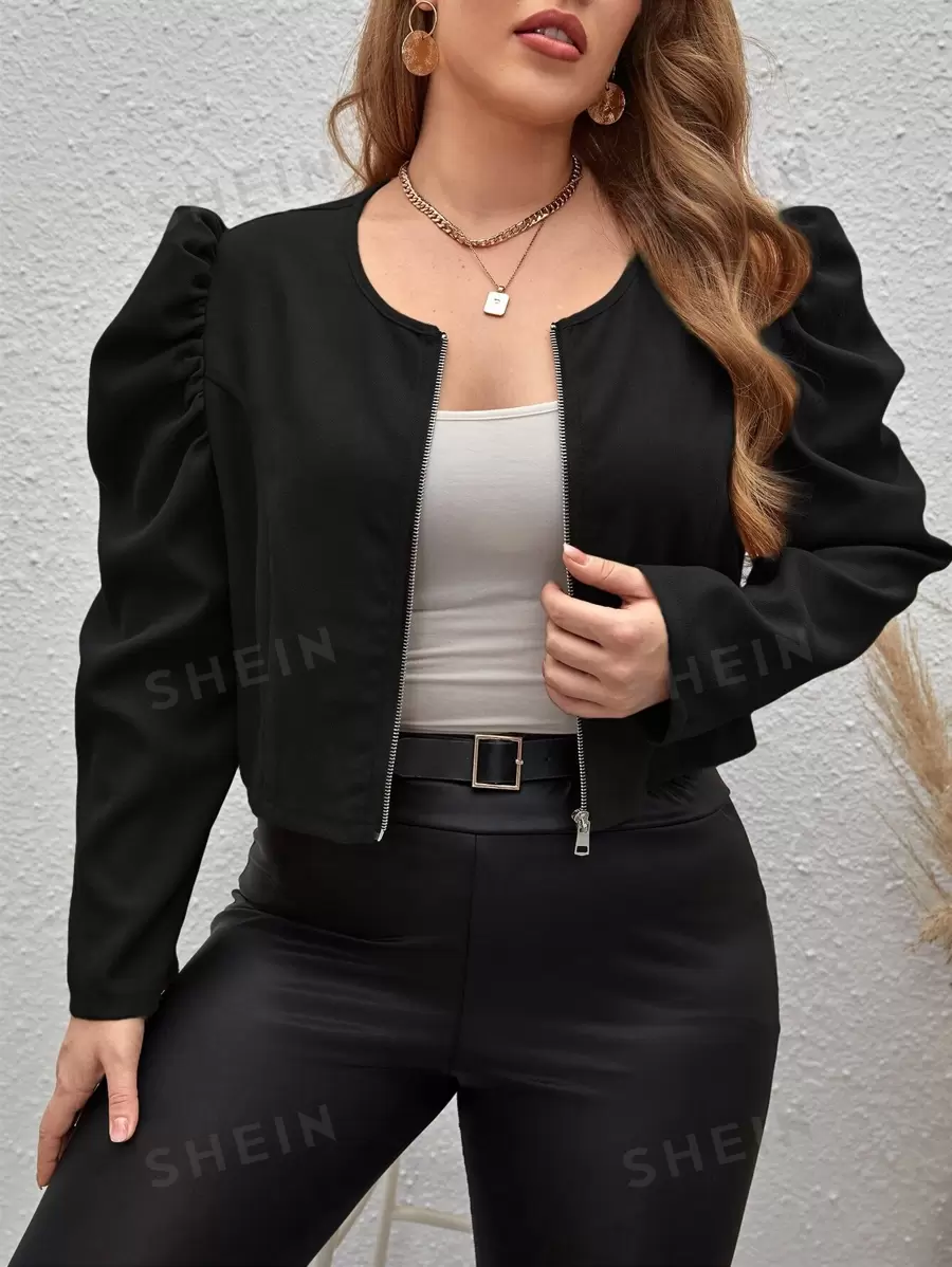 SHEIN Clasi Plus Gigot Sleeve Zip Up Jacket | SHEIN