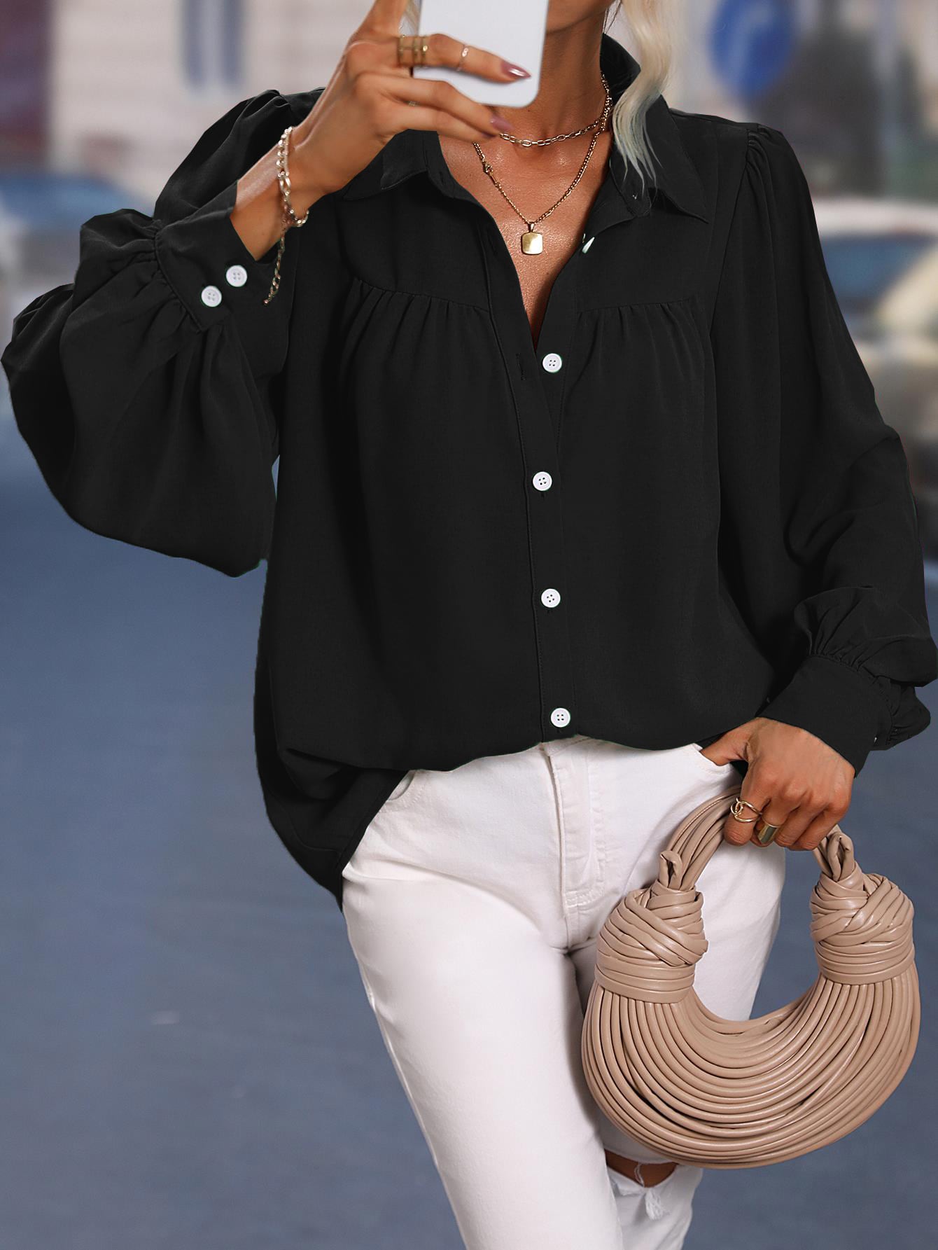 Solid Bishop Sleeve Button Front Shirt Shein Uk