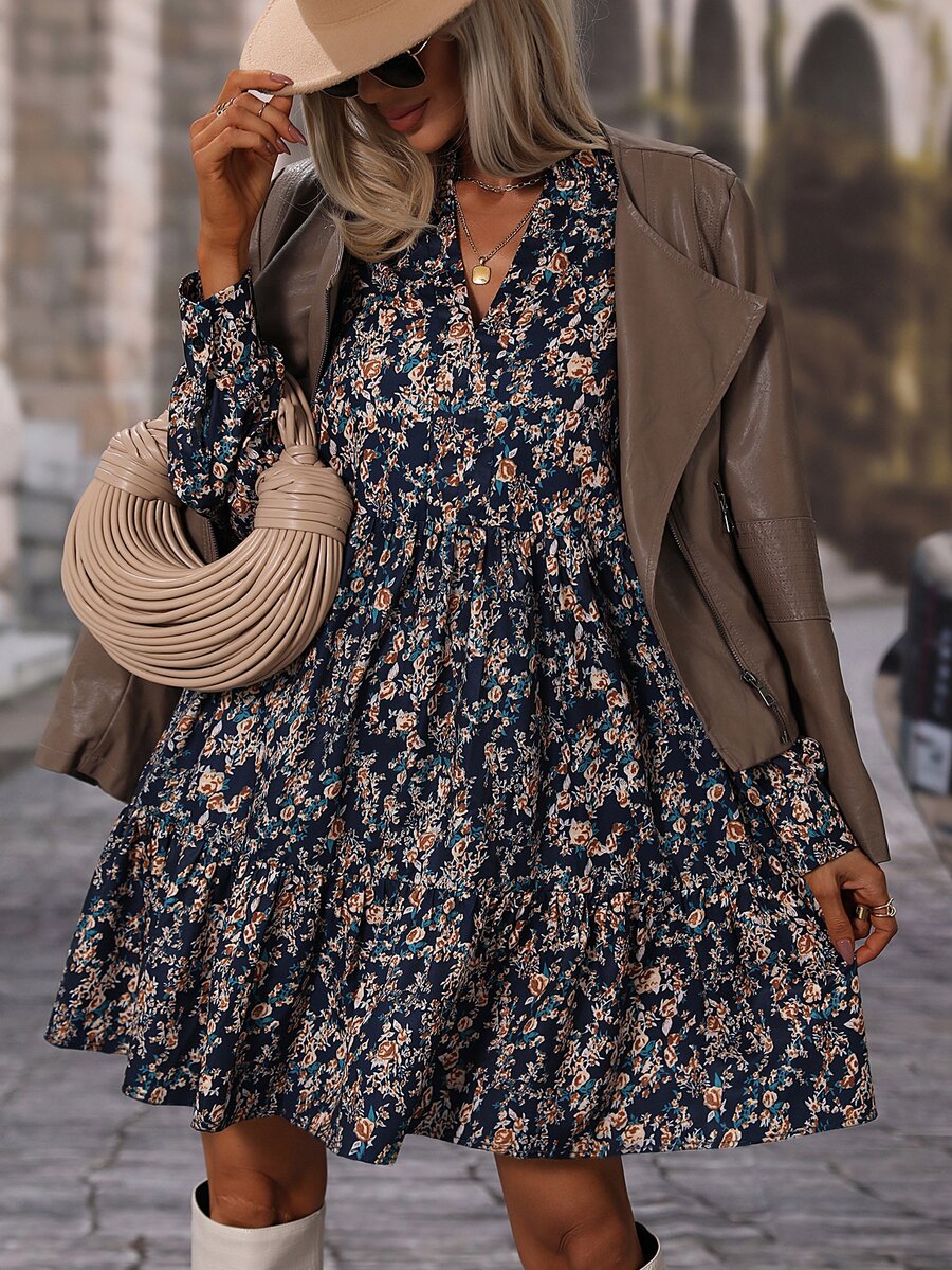 SHEIN LUNE Sukienki Zmarszczone szycie Kwiatowy Nadruk po całości Boho ...