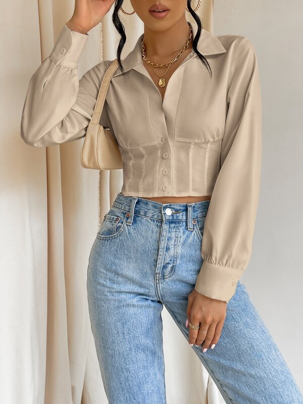 SHEIN Essnce Solid Button Front Crop Shirt | SHEIN USA