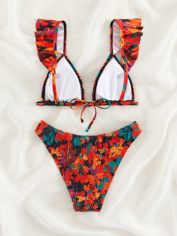 Shein Swim Vcay Random Floral Print Bikini Set Smocked Ruffle Trim