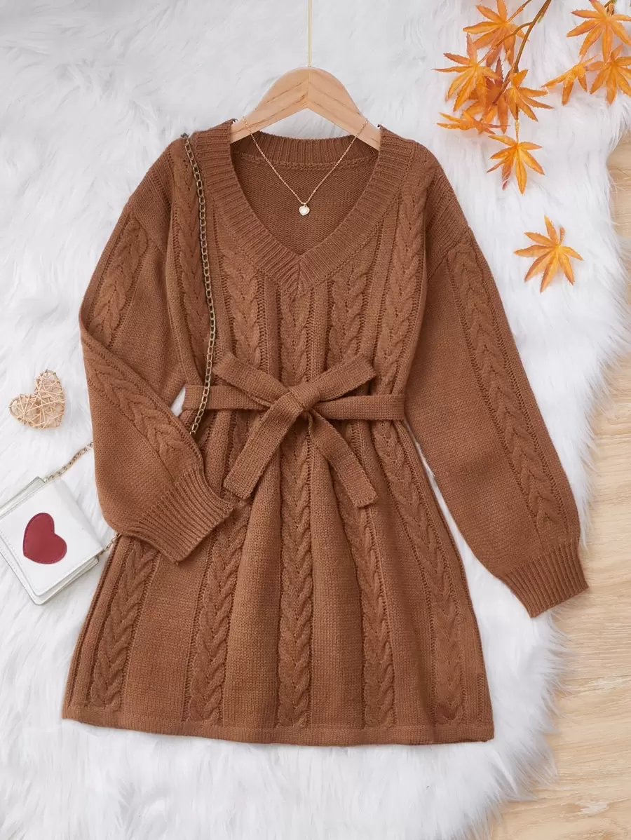 Tween Girl Cable Knit Drop Shoulder Belted Sweater Dress | SHEIN USA