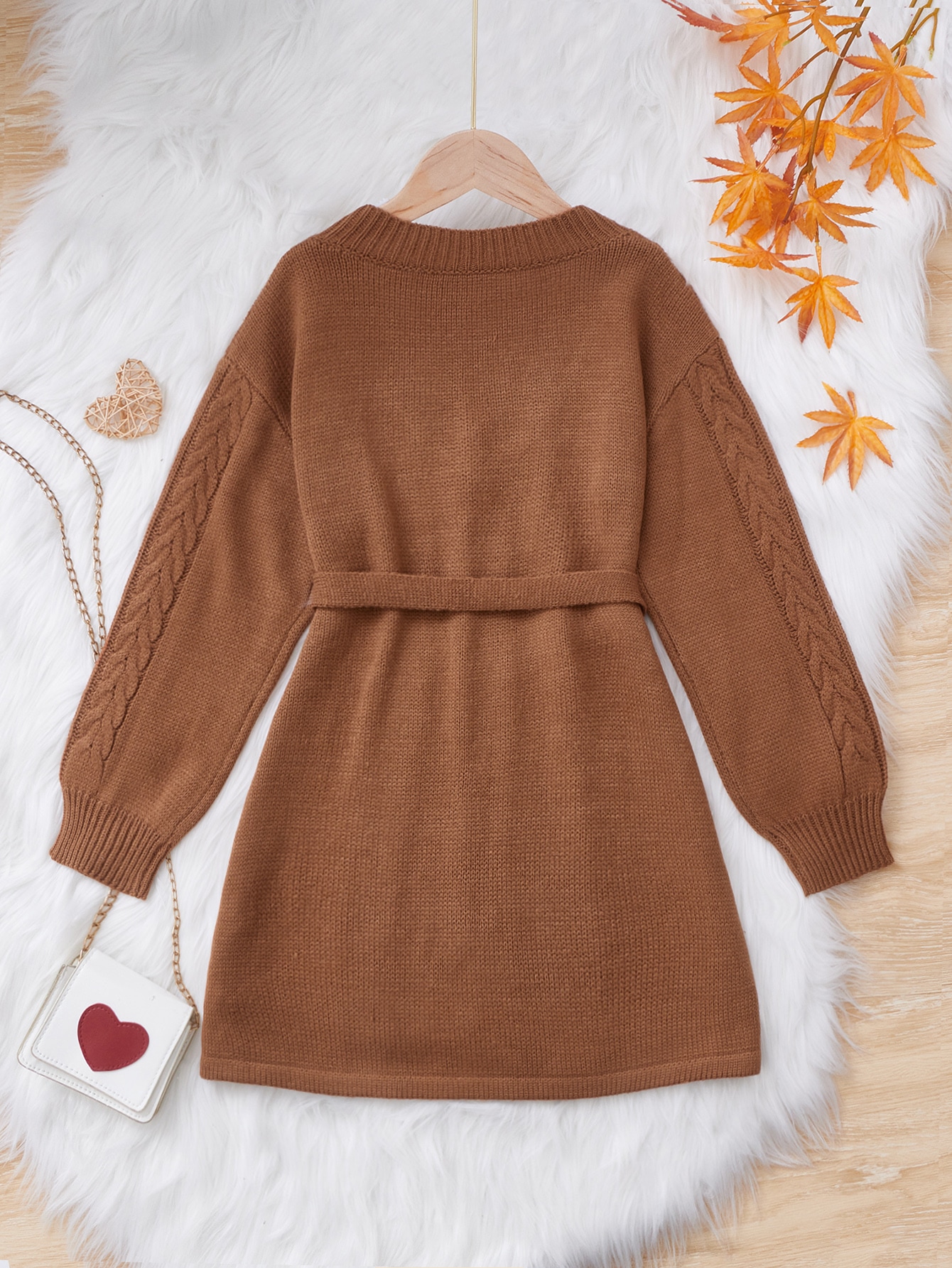 Girls Cable Knit Drop Shoulder Belted Sweater Dress | SHEIN USA