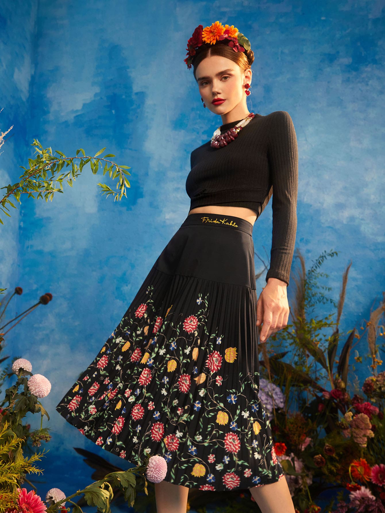 Frida Kahlo X SHEIN Letter & Floral Print Pleated Skirt | SHEIN UK
