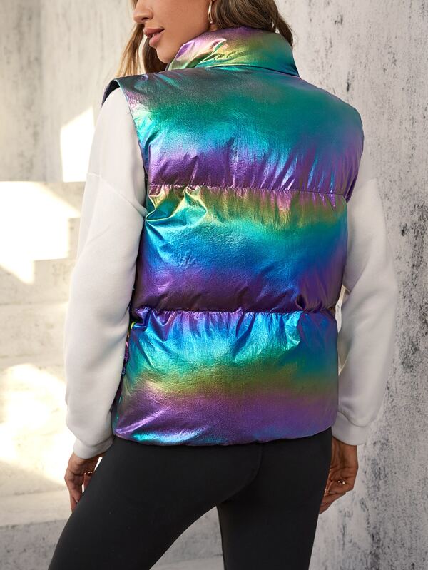 Holographic Zip Up Puffer Vest Coat | SHEIN UK