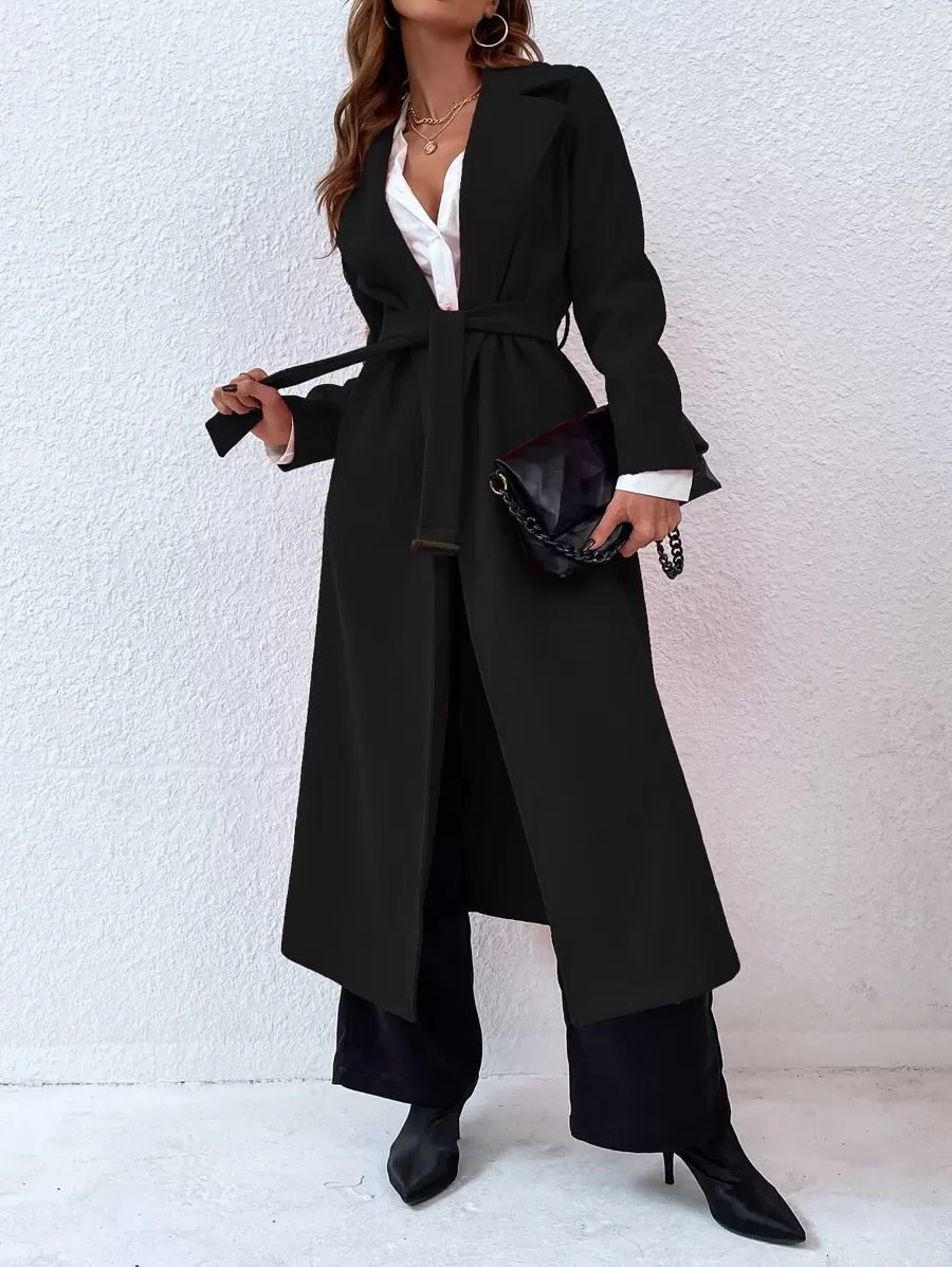 SHEIN Clasi Open Front Belted Overcoat | SHEIN USA