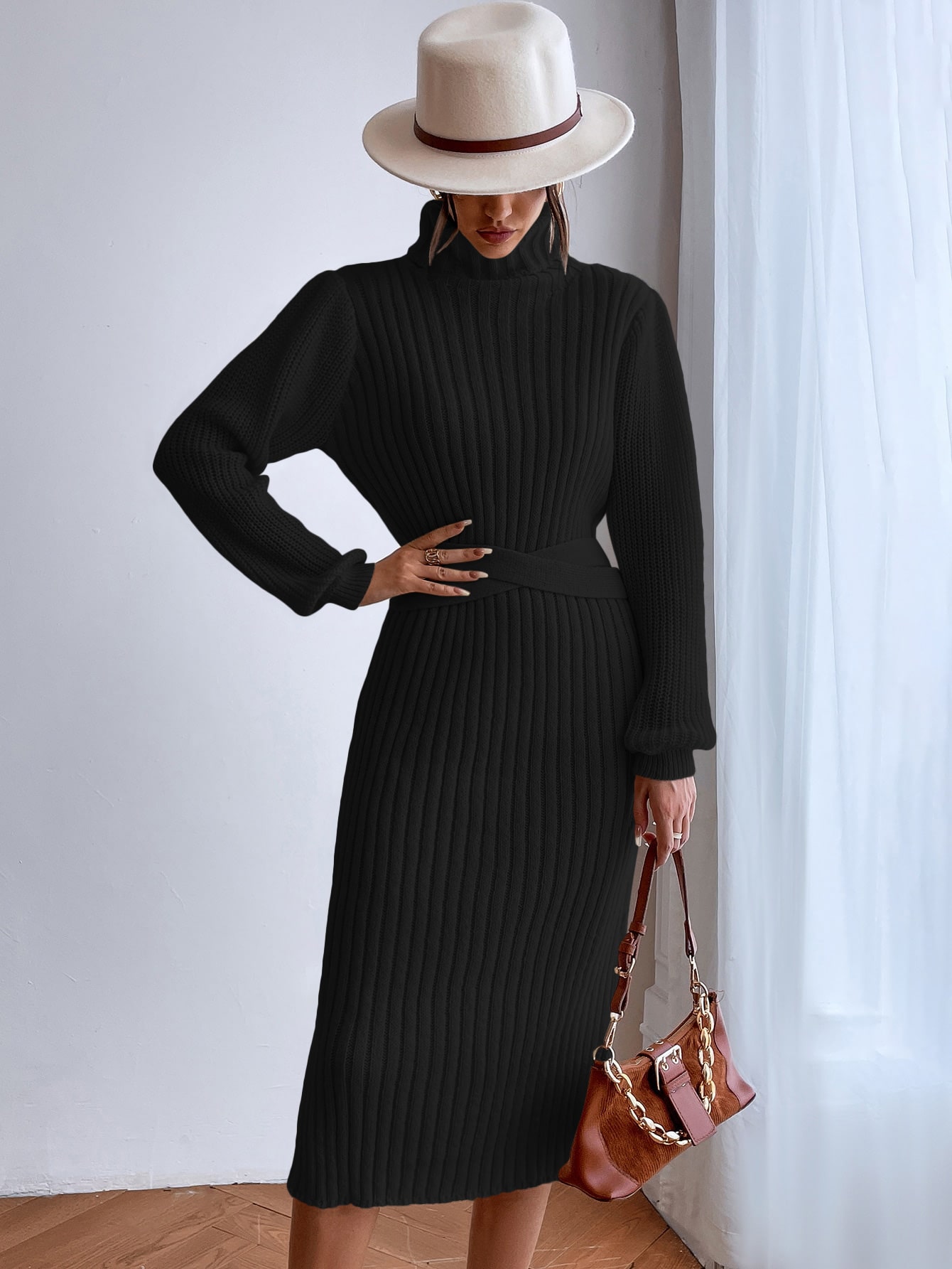 SHEIN LUNE Turtle Neck Slit Hem Belted Jumper Dress | SHEIN UK