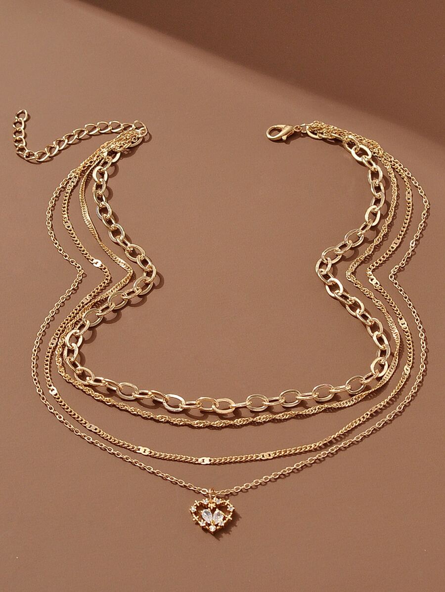 1pc Cubic Zirconia Decor Heart Charm Layered Necklace Copper Jewelry ...