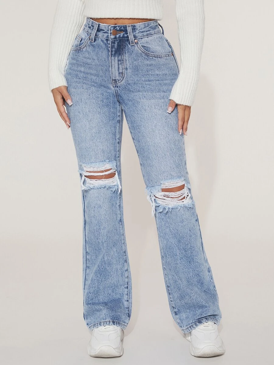SHEIN PETITE Ripped Flare Leg Jeans | SHEIN USA