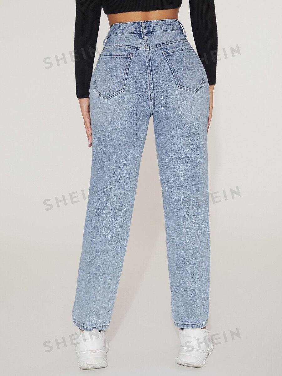 SHEIN PETITE Stepped Waist Straight Leg Jeans | SHEIN UK