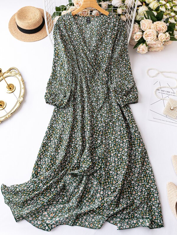 Shein Vcay Plus Ditsy Floral Print Lantern Sleeve Dress Shein Usa