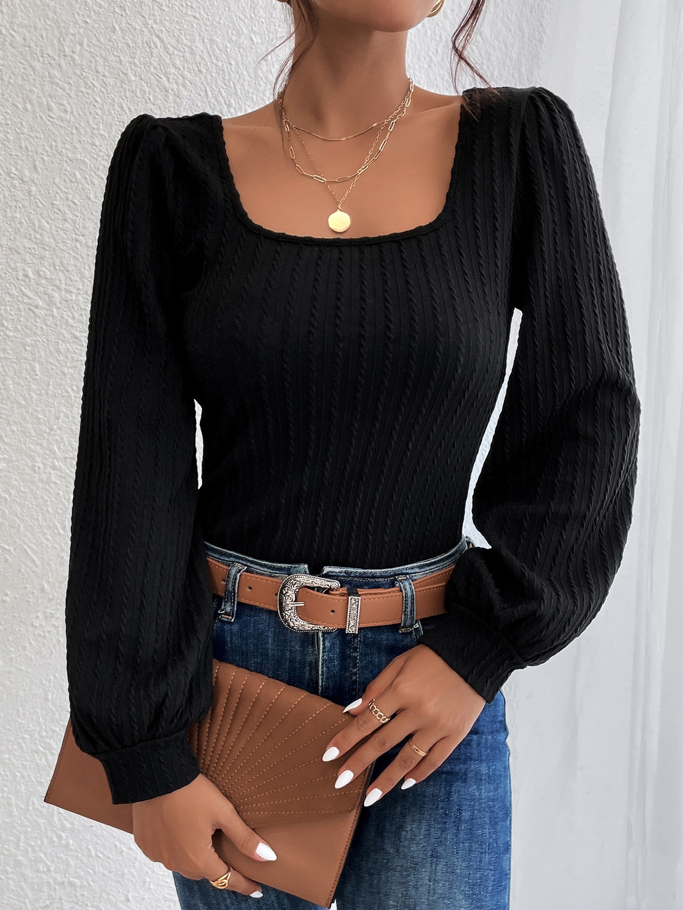 Shein Frenchy Square Neck Lantern Sleeve Rib Knit Tee Shein Usa