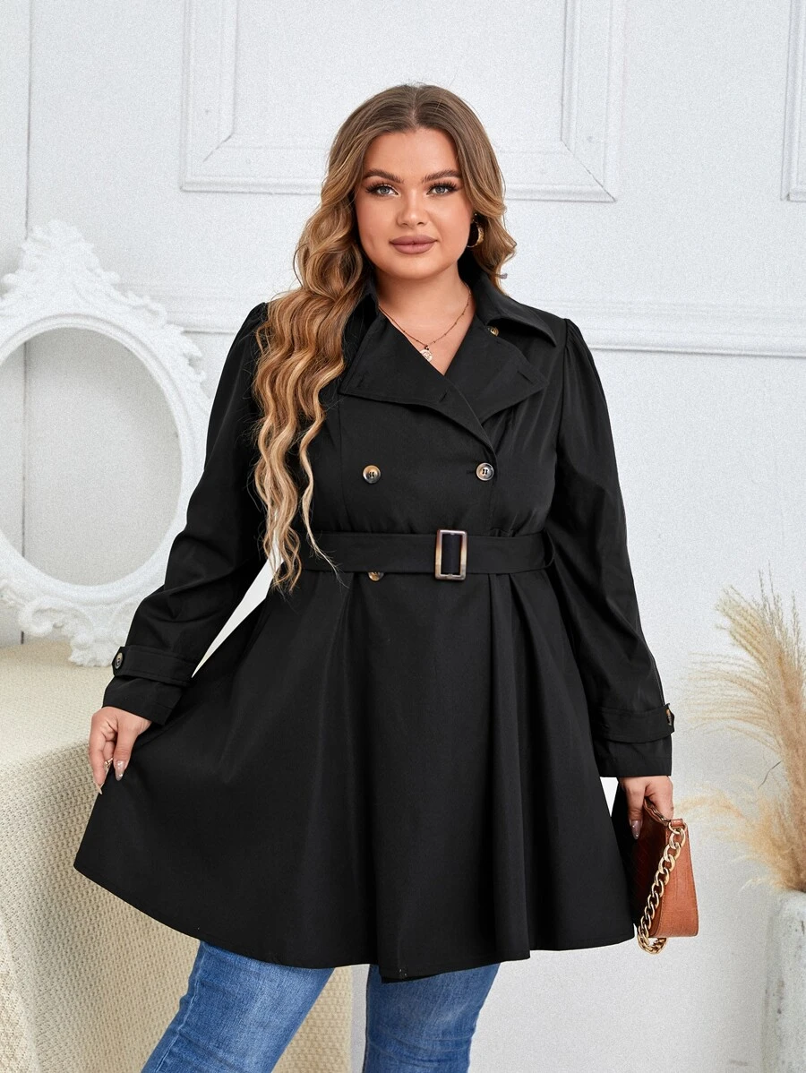 SHEIN Clasi Plus Puff Sleeve Double Breasted Belted Trench Coat | SHEIN USA