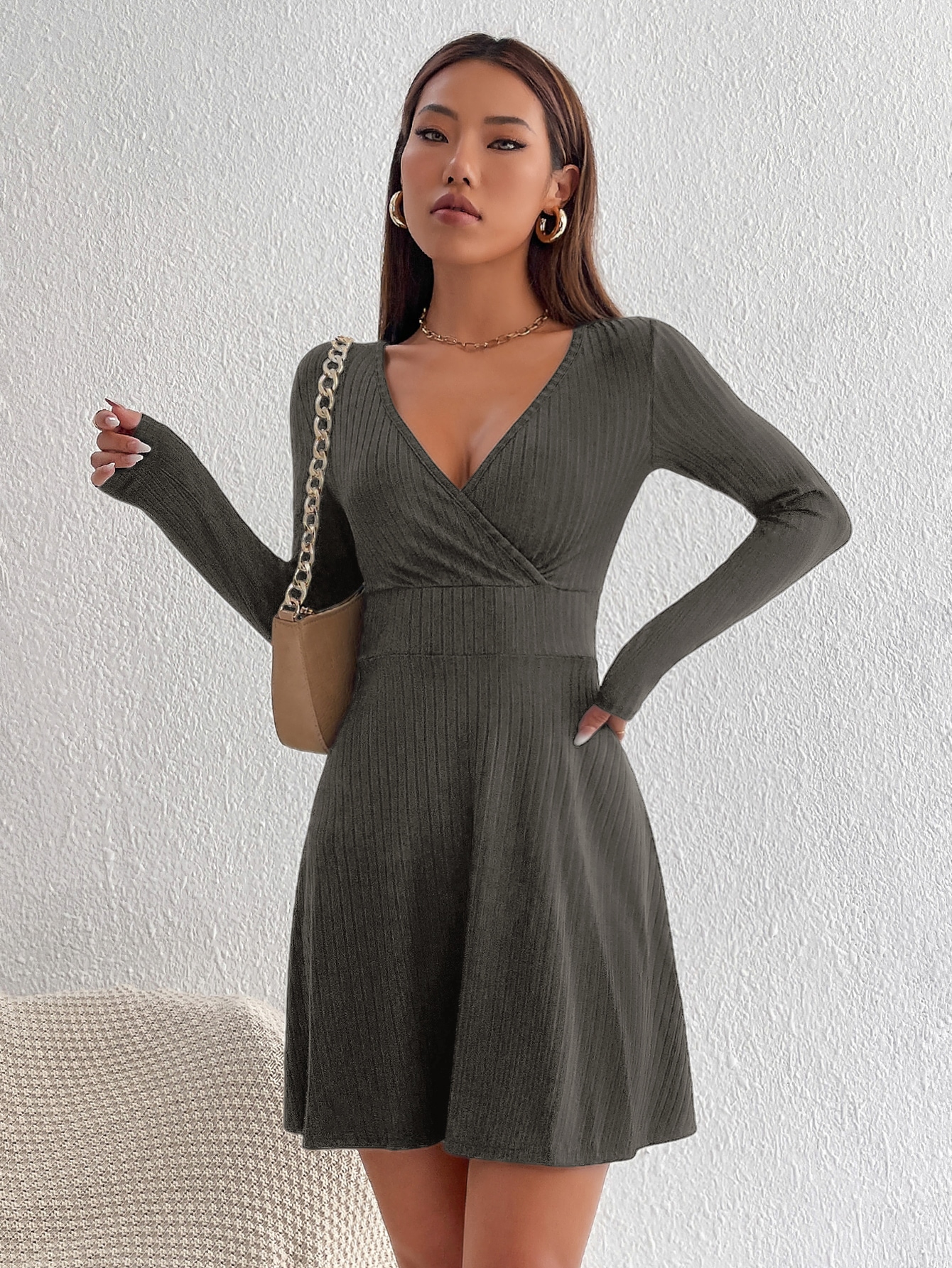 SHEIN PETITE Surplice Neck Ribbed Knit Dress | SHEIN USA