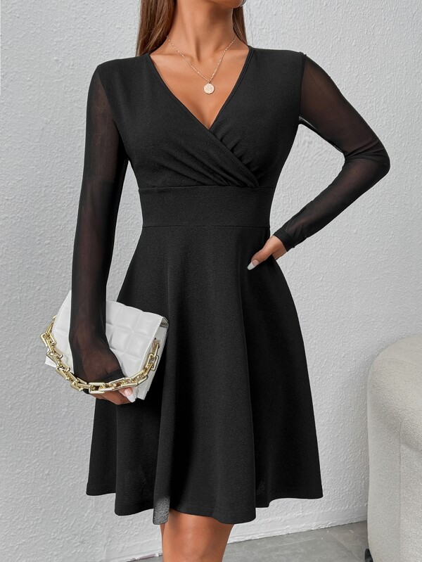 SHEIN PETITE Contrast Mesh Overlap Collar Dress | SHEIN UK