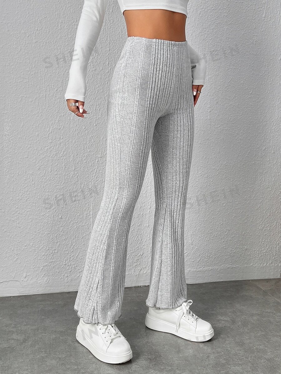 SHEIN PETITE High Waist Ribbed Knit Flare Leg Grey Pants | SHEIN USA