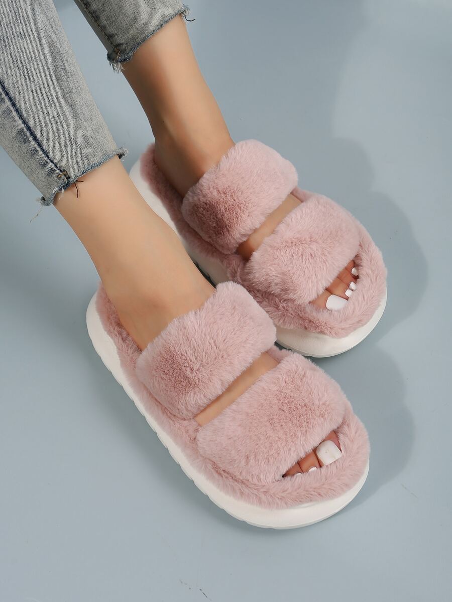 Minimalist Fluffy Bedroom Slippers, Fashionable Solid Pink Women's ...