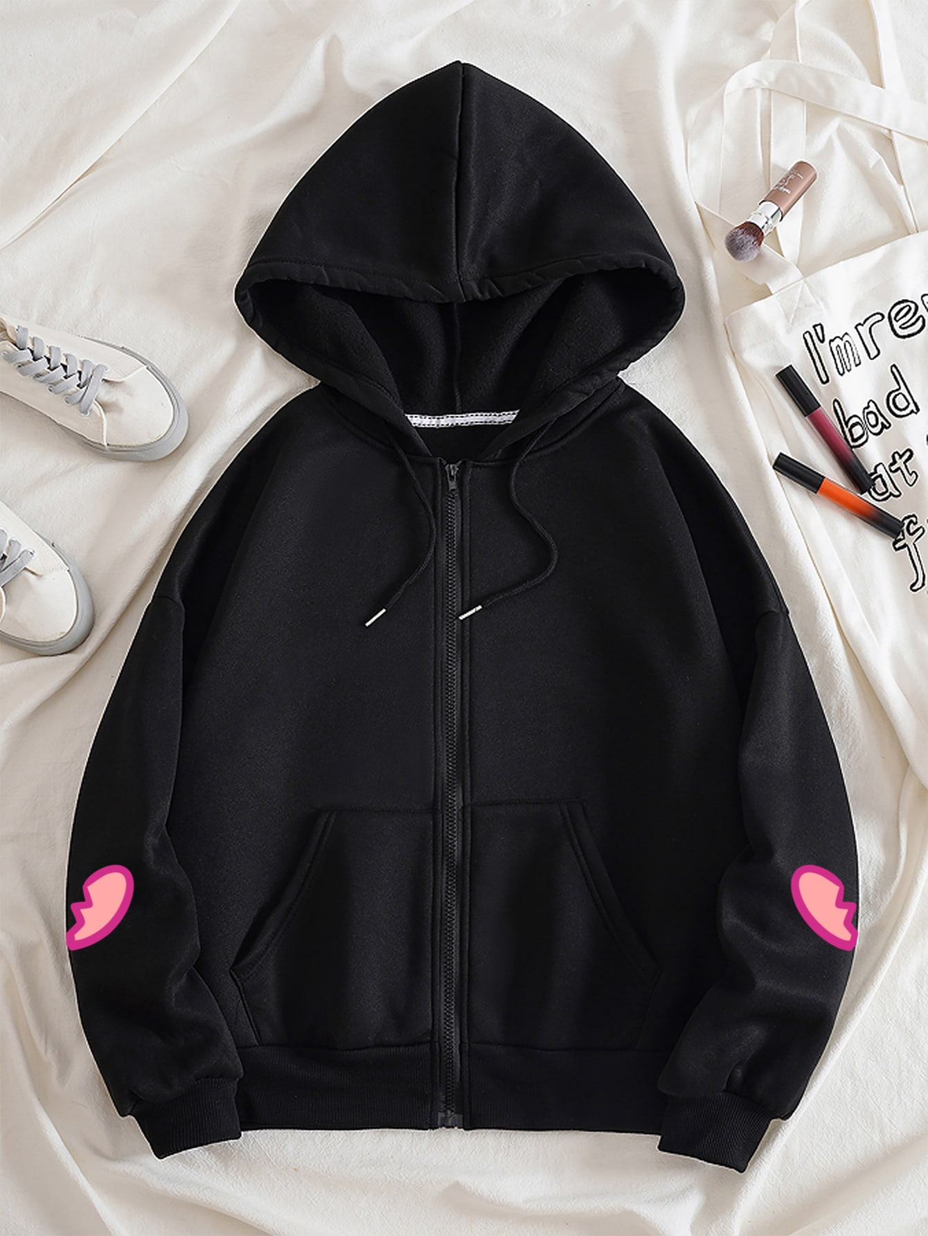 Shein Ezwear Cartoon Graphic Zip Up Thermal Lined Drawstring Hoodie