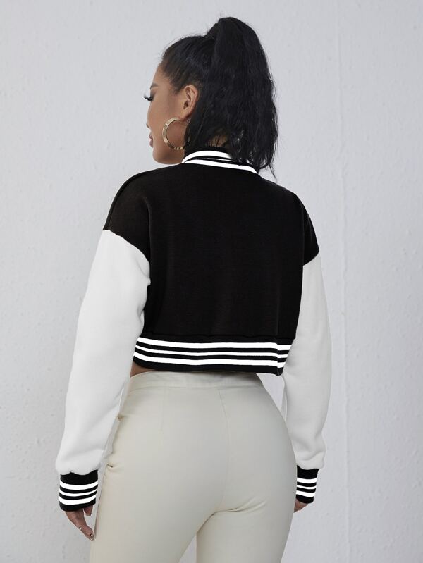 Shein Ezwear Letter Patched Striped Trim Drop Shoulder Crop Varsity